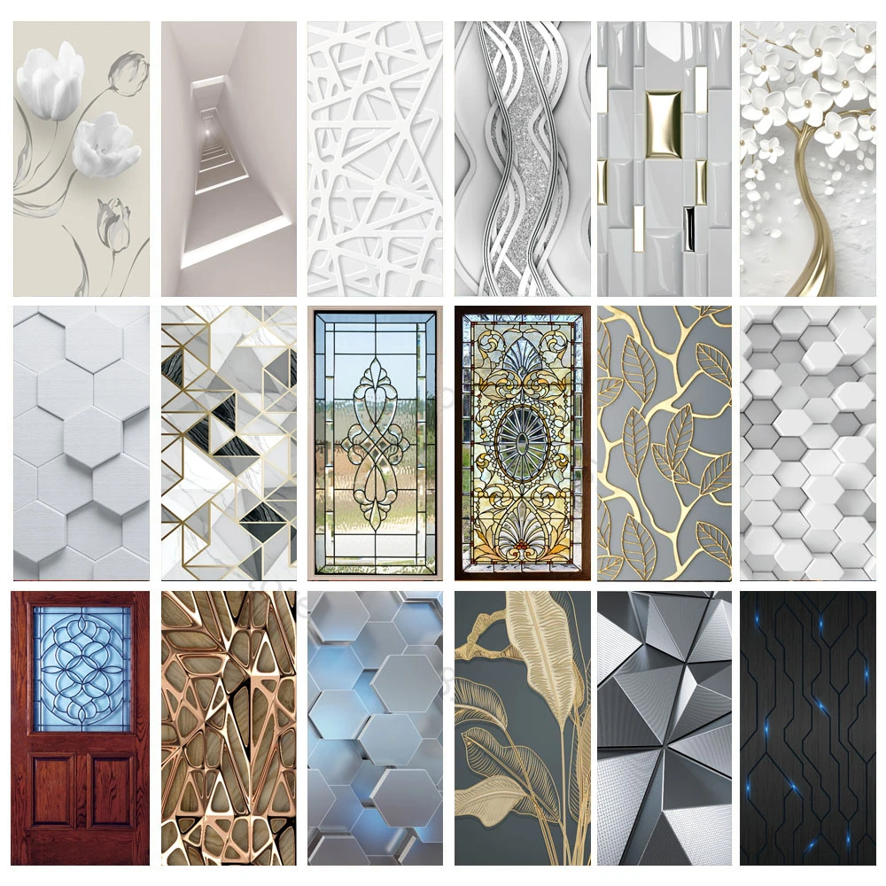 PVC Door Sticker Modern 3D Abstract Fashion Line Silver Pearl Wallpaper ...