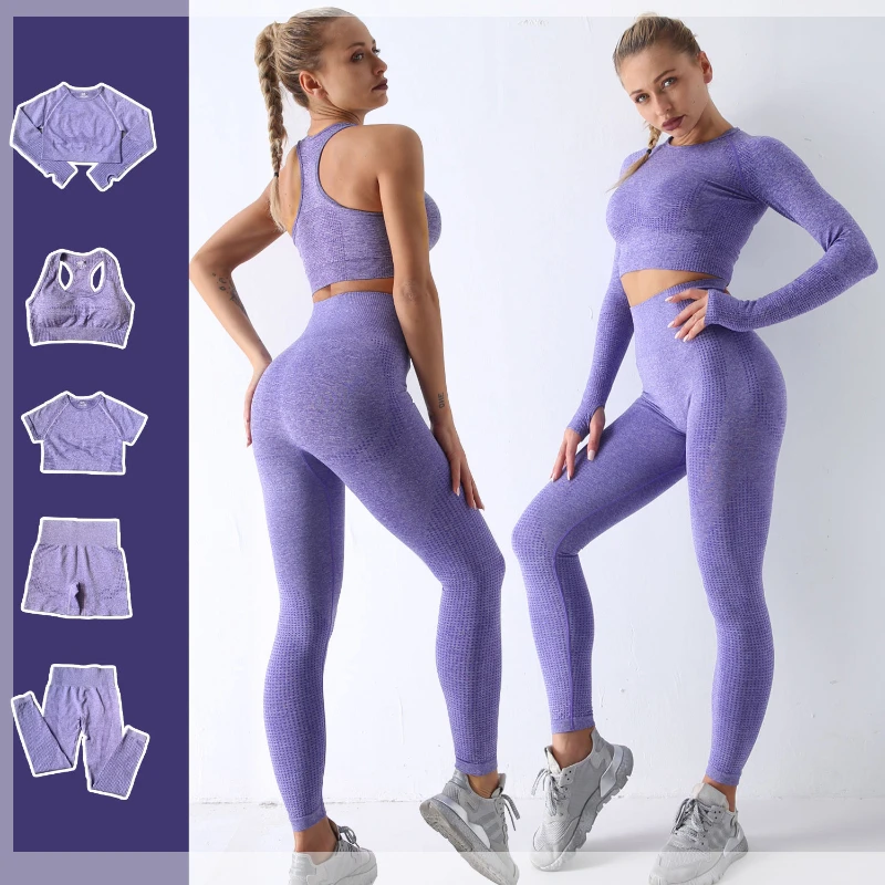 2/3/5PCS Womens Seamless Yoga Set Workout Running Gym Clothe Fitness Leggings Long Sleeve active ...