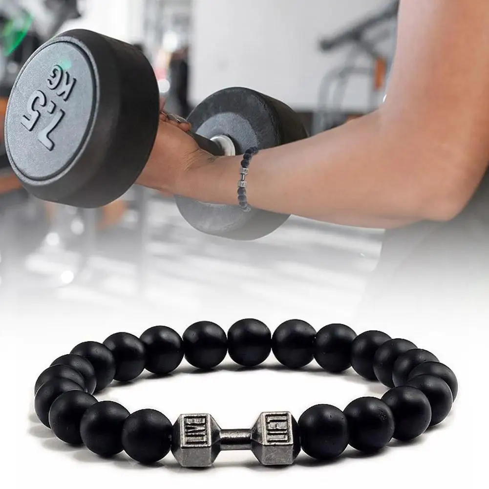 Natural-Black-Volcanic-Lava-Stone-Dumbbell-Bracelet-Black-Matte-Beads ...