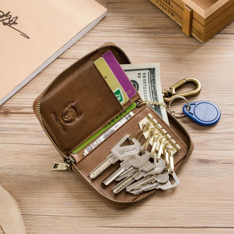 Genuine-Leather-Men-Wallet-with-Key-Pocket-Small-Zipper-Key-Wallet ...