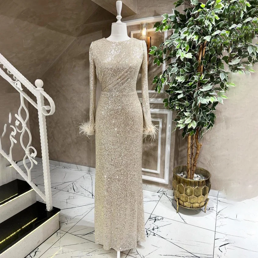 Elegant Glitter Evening Dresses O-Neck Long Sleeves Feathers Floor ...