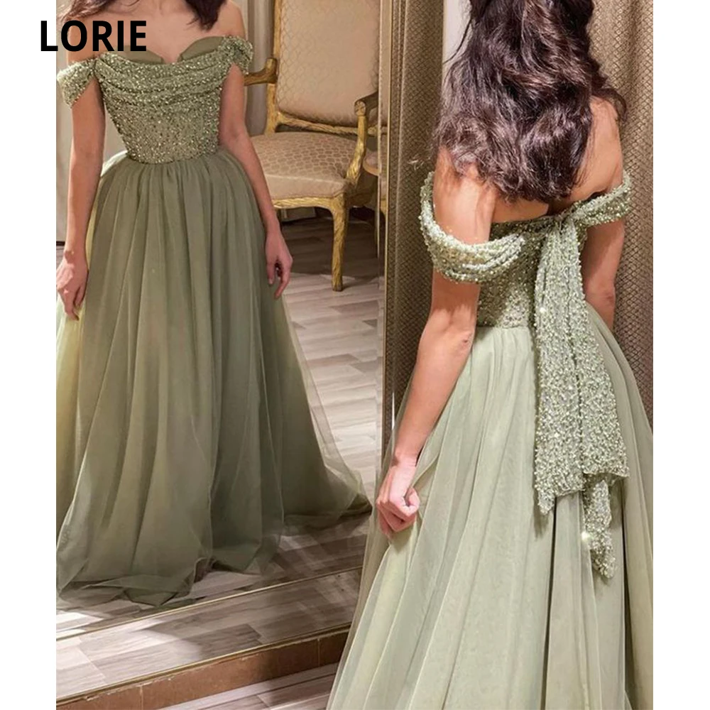 Lorie 에이미 그린 튤 아랍어 여성 정장 이브닝 드레스 2022 긴 반짝이 스팽글 비즈 무도회 드레스 플러스 사이즈