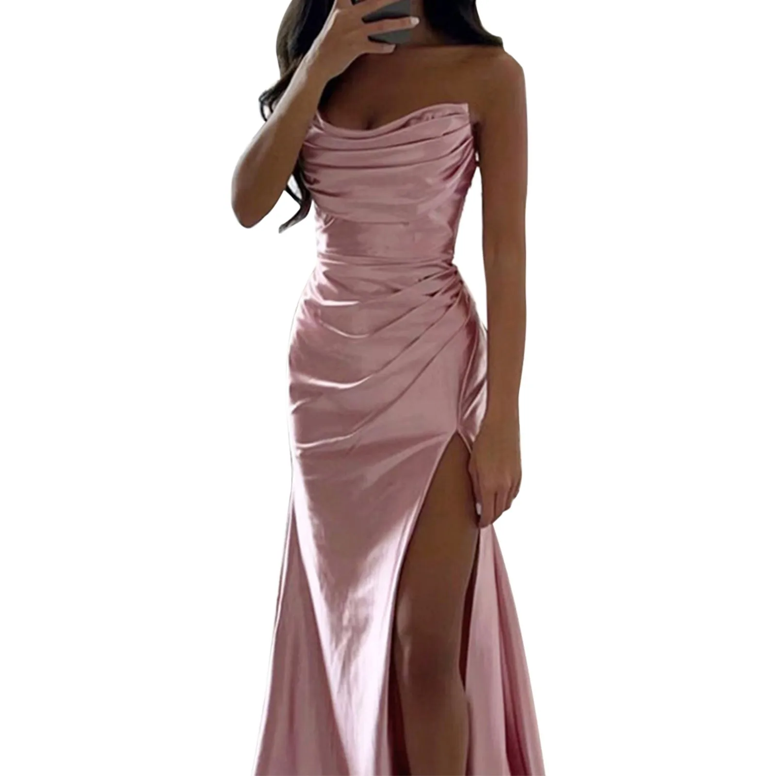 Elegant-Pleated-Strapless-Prom-Dresses-Ladies-Soft-Statin-Wrap-Hip ...