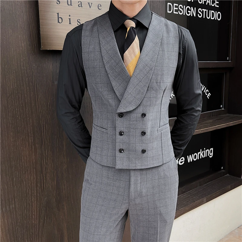 Vest-Pants-Double-Breasted-Men-s-Casual-Plaid-Business-Waist-Coat-and ...