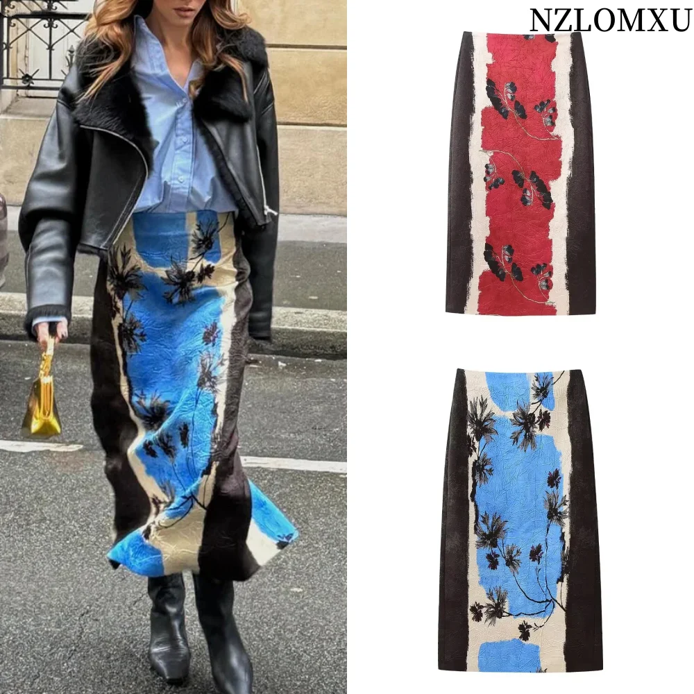 2024-Summer-Woman-Blue-Printed-Women-Pencil-Skirts-High-Waisted-Zipper ...