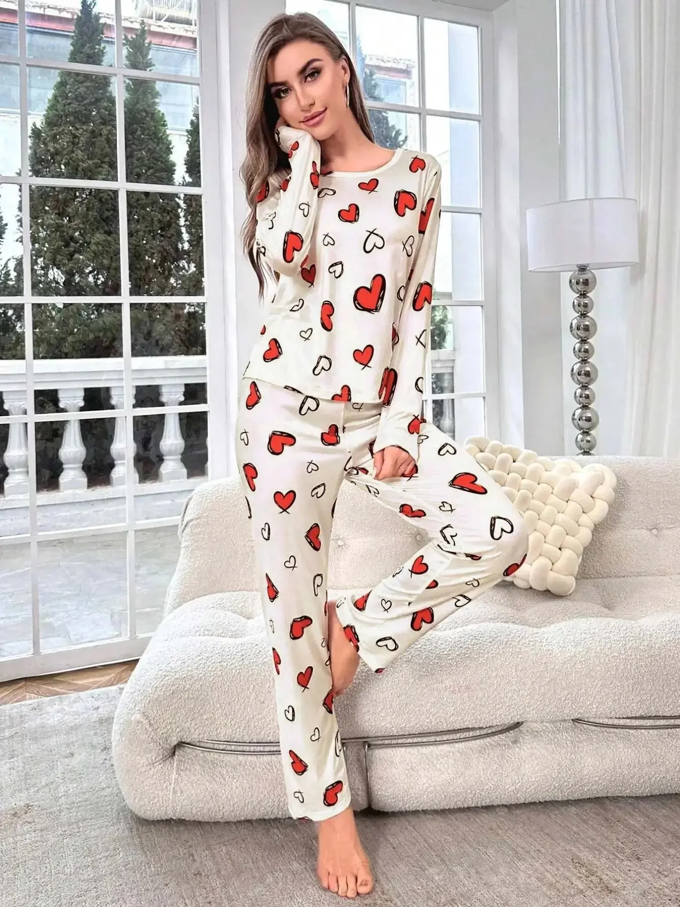 Conjunto-de-pijama-con-estampado-de-coraz-n-para-mujer-Top-de-manga ...