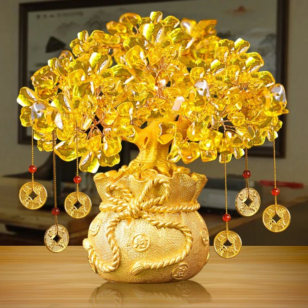Lucky Tree Wealth Yellow Crystal Natural Money Ornaments Bonsai Style ...
