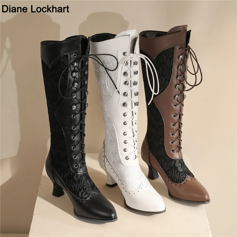 Women Victorian Pointed Toe Mid-Calf Boots Leather Lace Hollow Out Punk ...