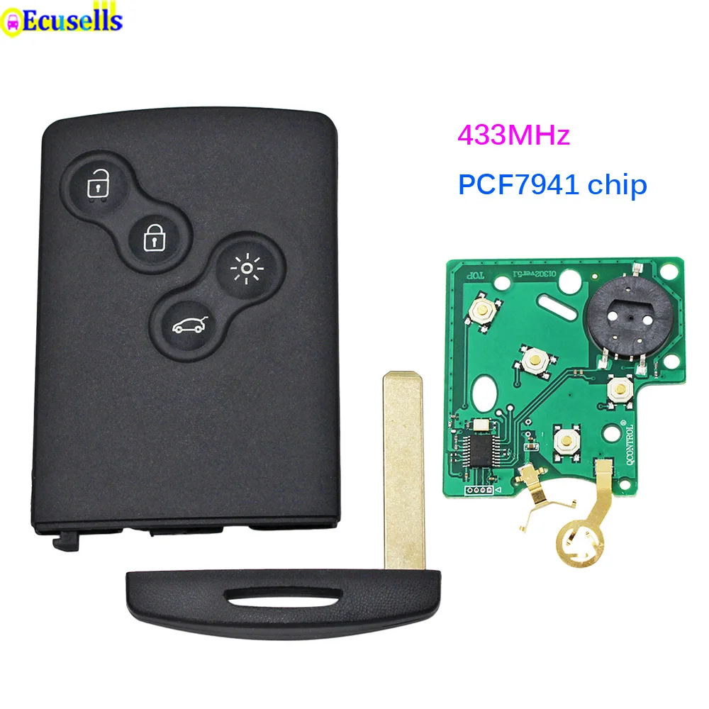 Smart Remote Key Fob 4 Buttons 433mhz With Pcf7941 Chip For Renault ...