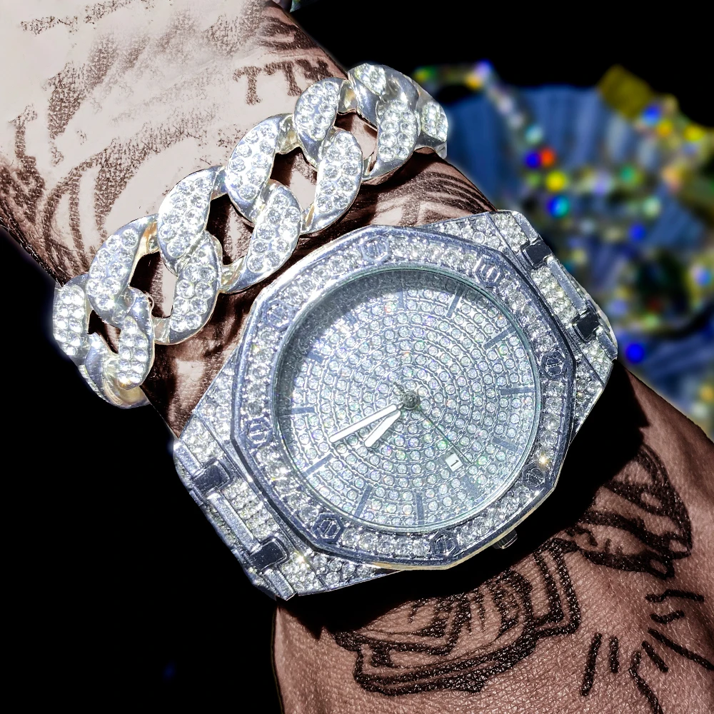 Full Iced Out Watch for Women Bling Bling Cuban Tennis Chains Bracelets ...