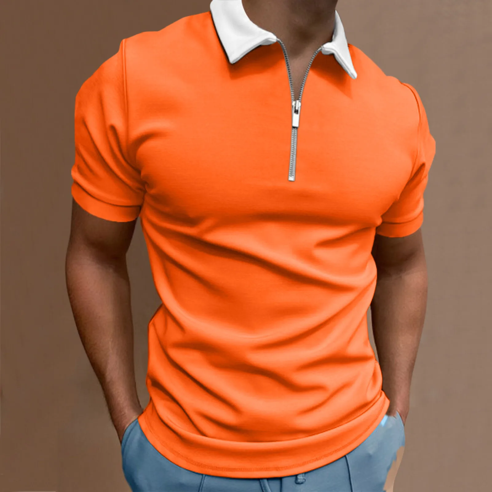 Summer-Solid-Color-T-shirt-Men-Casual-Zipper-Turn-Down-Collar-Short ...
