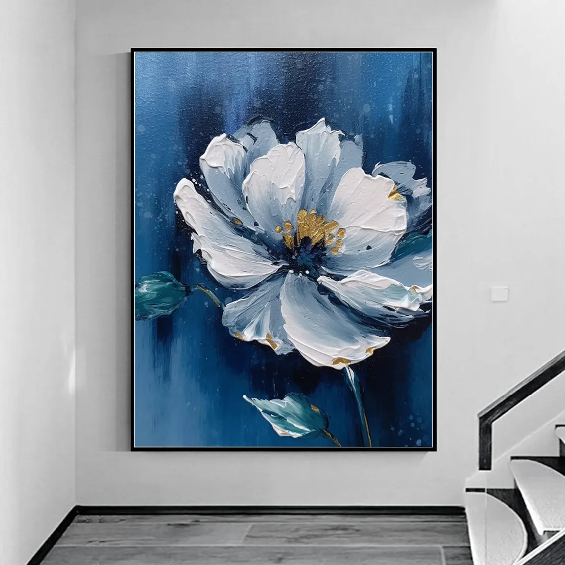 Blue-Original-Flower-Oil-Painting-On-Canvas-Large-Blue-Wall-Art ...