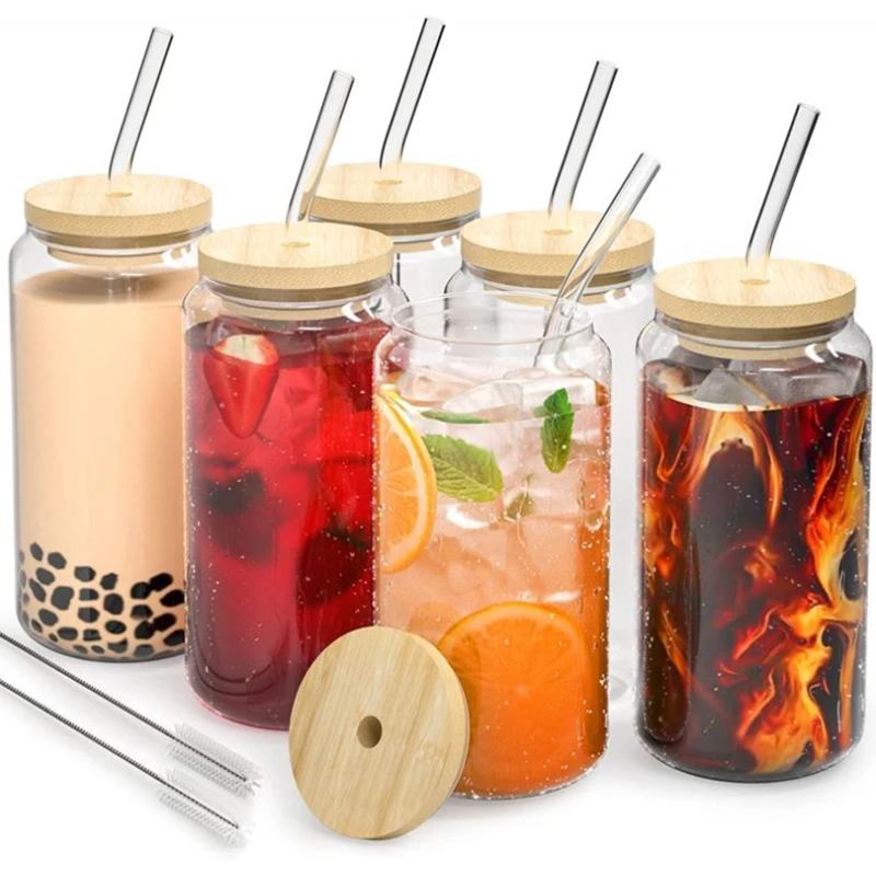 With-Lid-and-Straw-Transparent-Bubble-Tea-Cup-Juice-Glass-Beer-Can-Milk ...