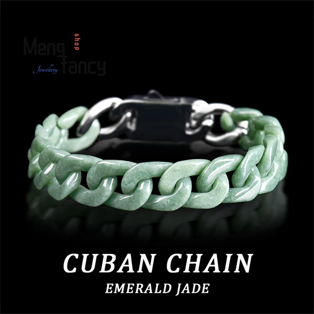 Natural A Goods Jade Bean Green Cuban Chain Bracelet Jade Titanium ...