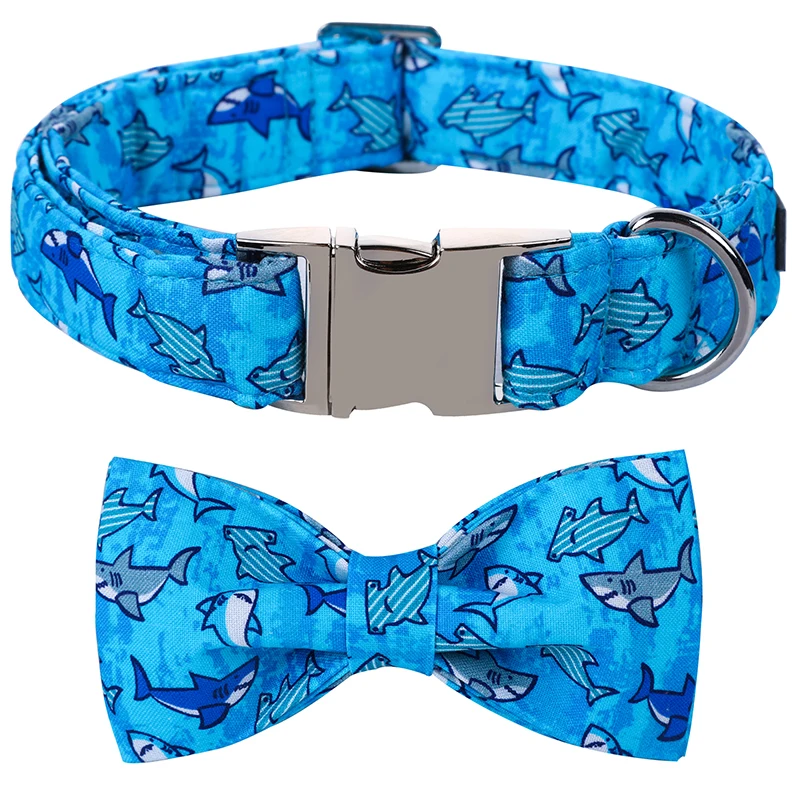 Personalized Summer Dog Collar with Bowtie Shark Blue Dog Collar ...