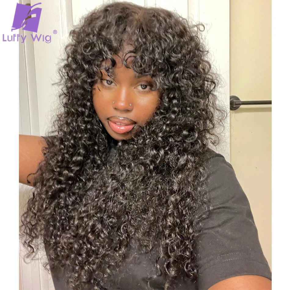 Curly-Glueless-Human-Hair-Wig-with-Bangs-Curly-Fringe-Wig-Remy ...