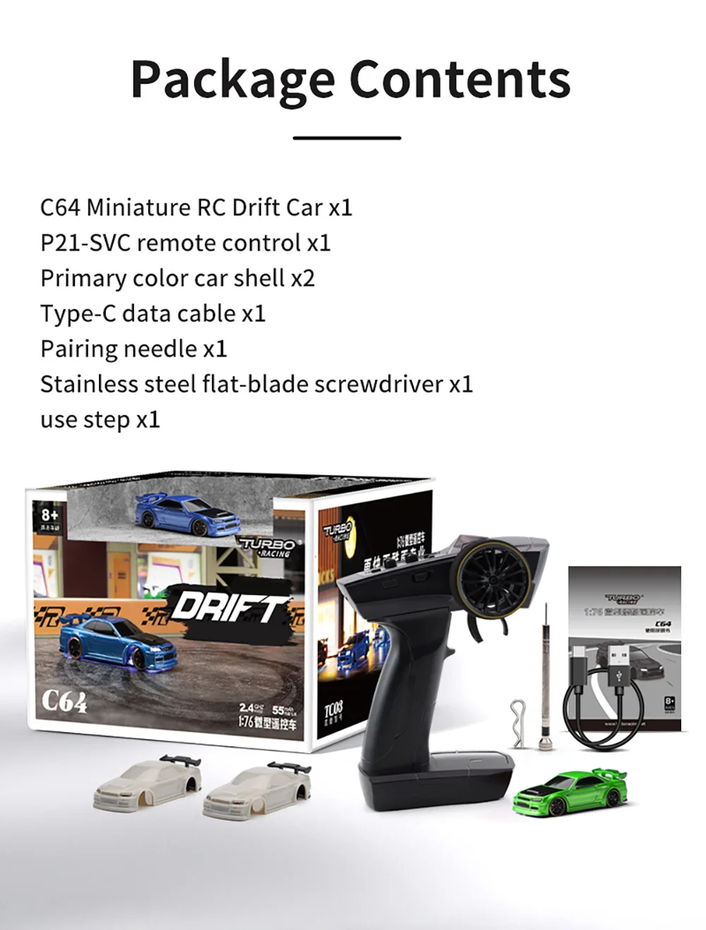 C64 vert-TURBO RACING Mini voiture télécommandée pleine échelle, haute ...