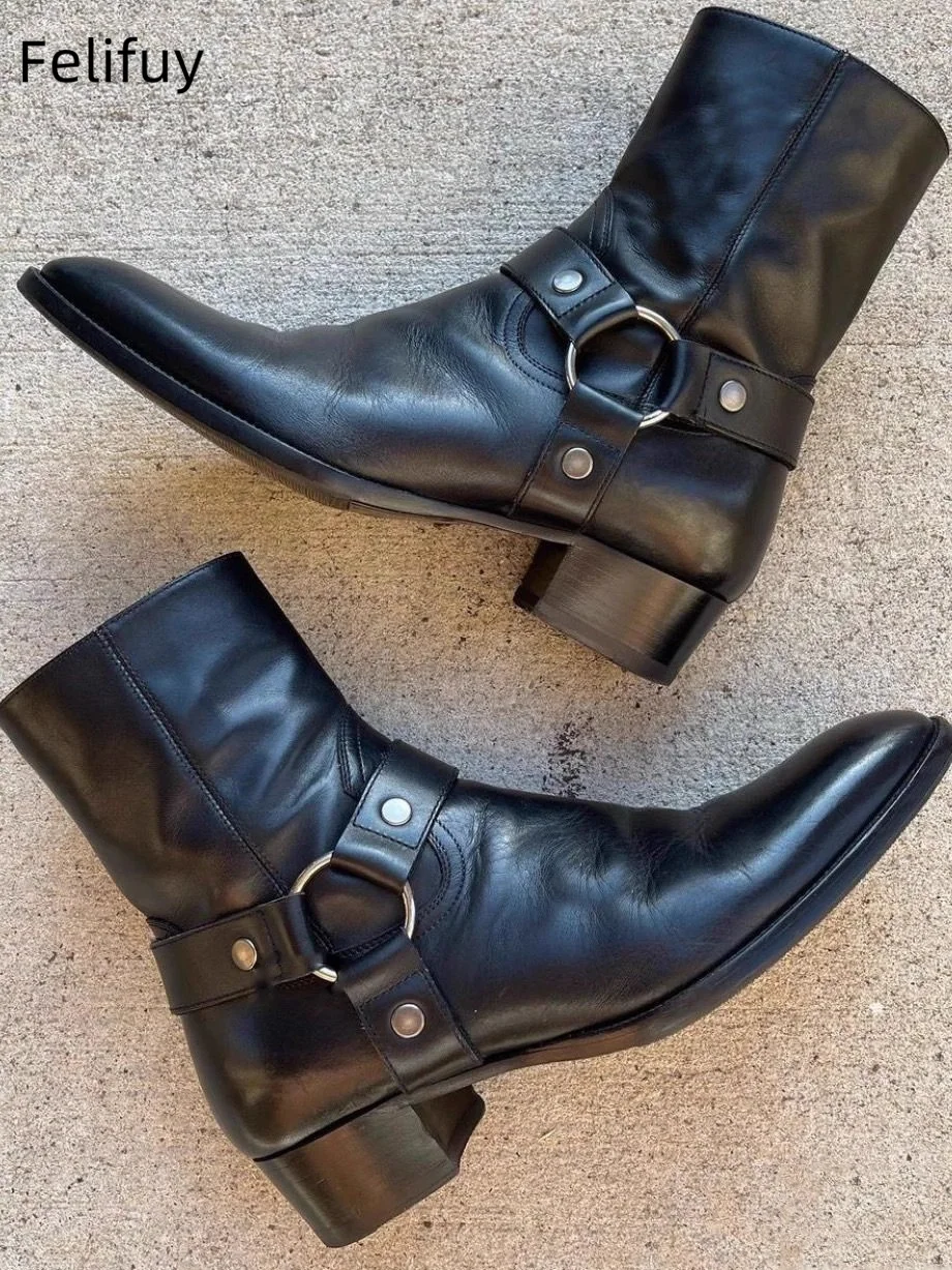 Black Chains Men Chelsea Boots Genuine Leather Black Rome Style Man ...