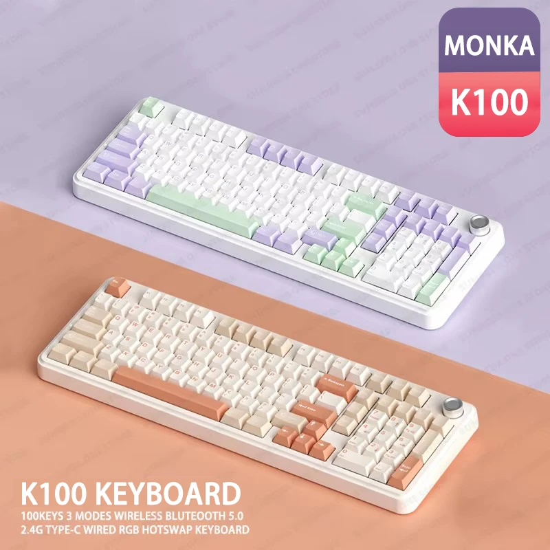 MONKA K100 Wireless Mechanical Keyboard RGB Hotswap Bluetooth 2.4G ...