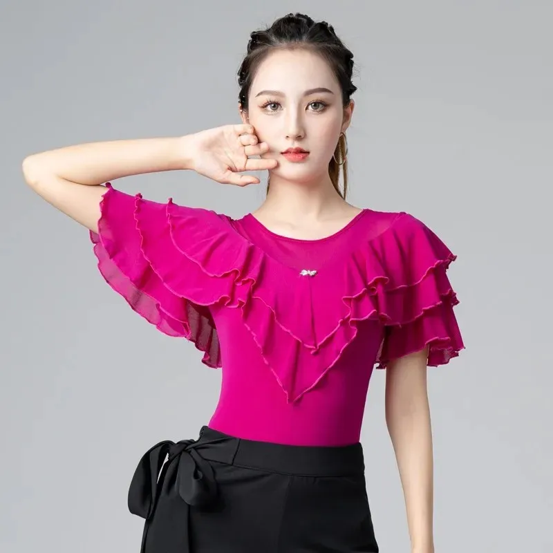 Ruffle Latin Dance Practice Jumpsuit Mesh Waltz Top New Ballroom Girl ...