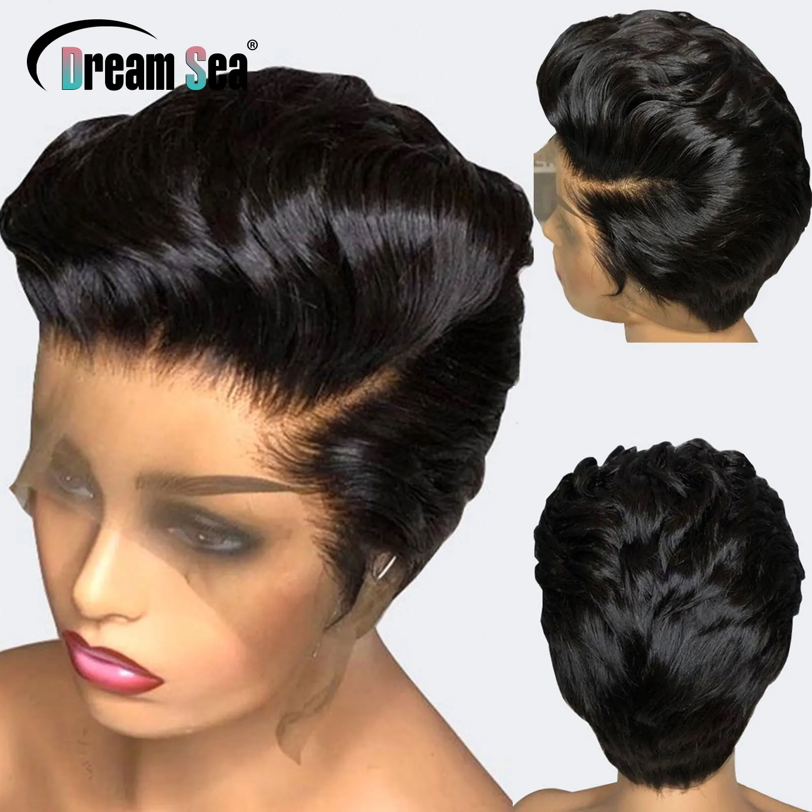 Pixie-Cut-Ondulado-Curto-Bob-Lace-Front-Peruca-para-Mulheres-Pr ...