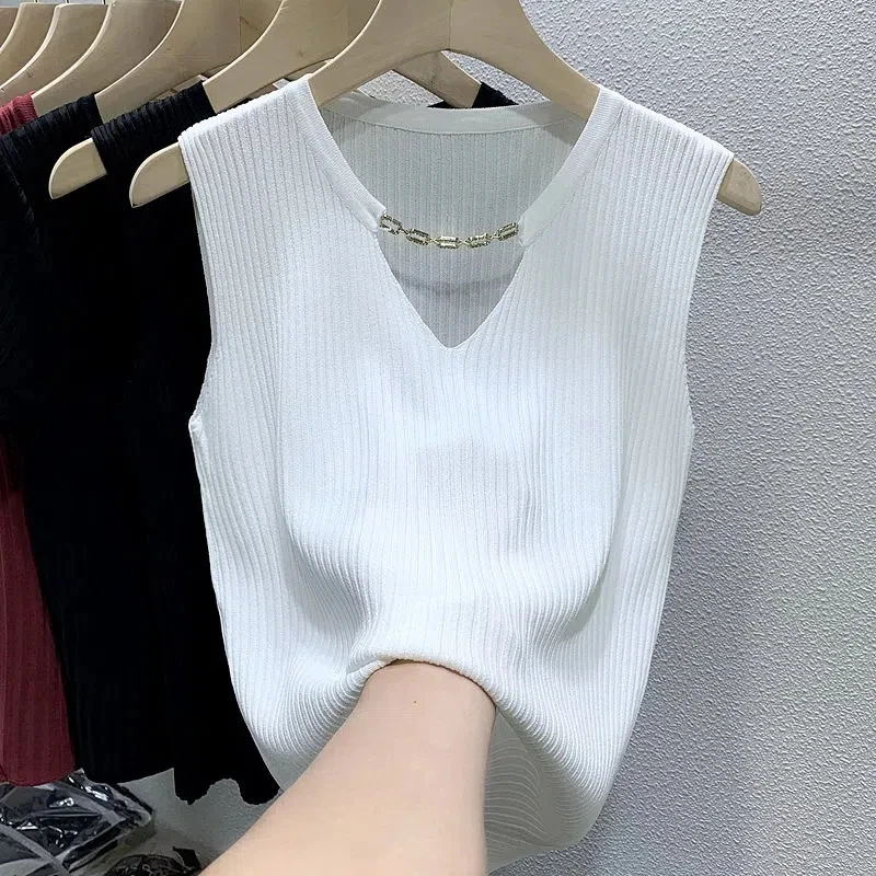 Chic Chain Tank Top V-Neck Design Sleeveless Camisole Knitted Fashion ...