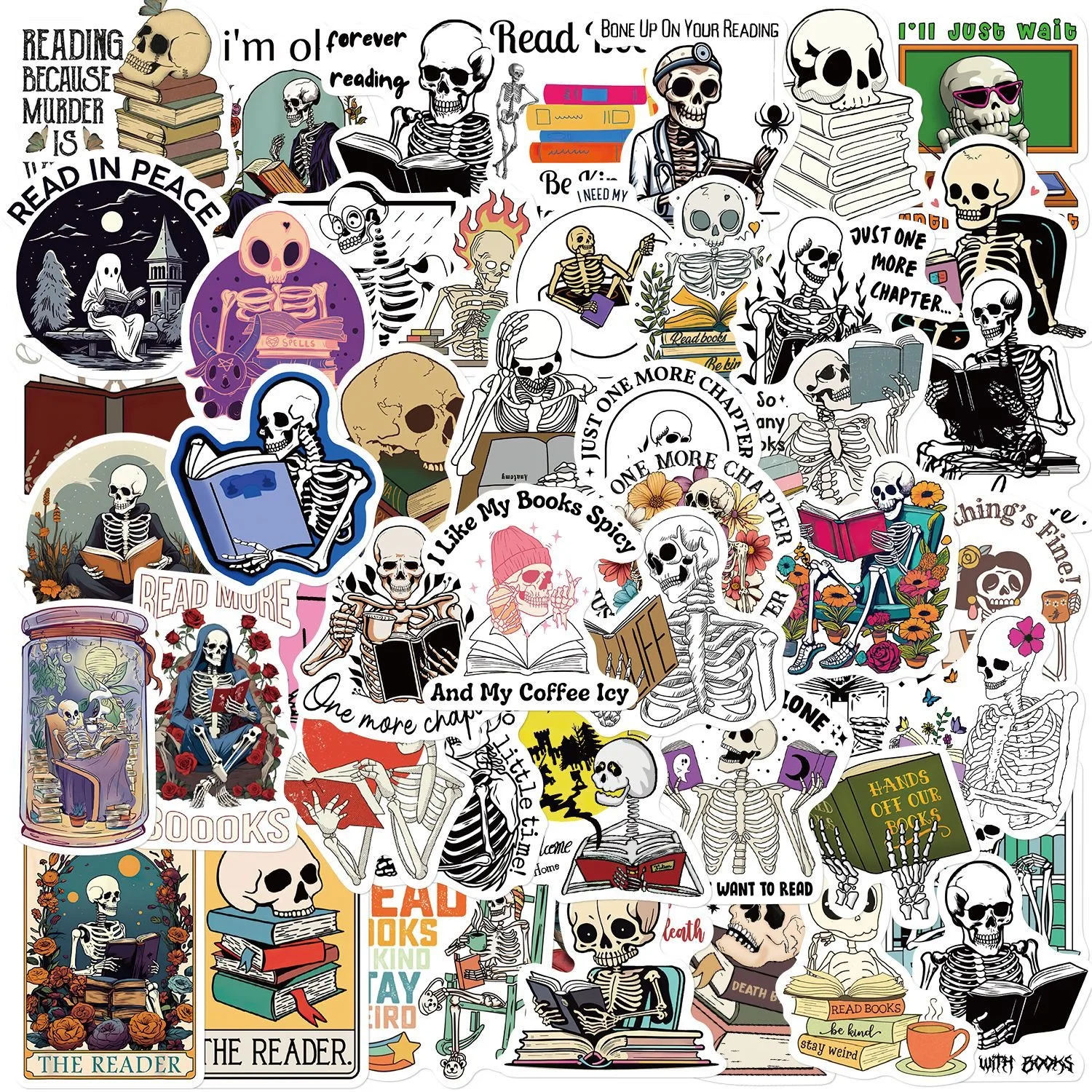 10-50PCS-Funny-Skull-Reading-Books-Stickers-Aesthetic-Art-Decals-DIY ...