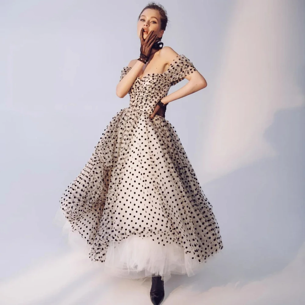Elegant Black Dots Prom Dresses for Women Off The Shoulder Sweetheart ...