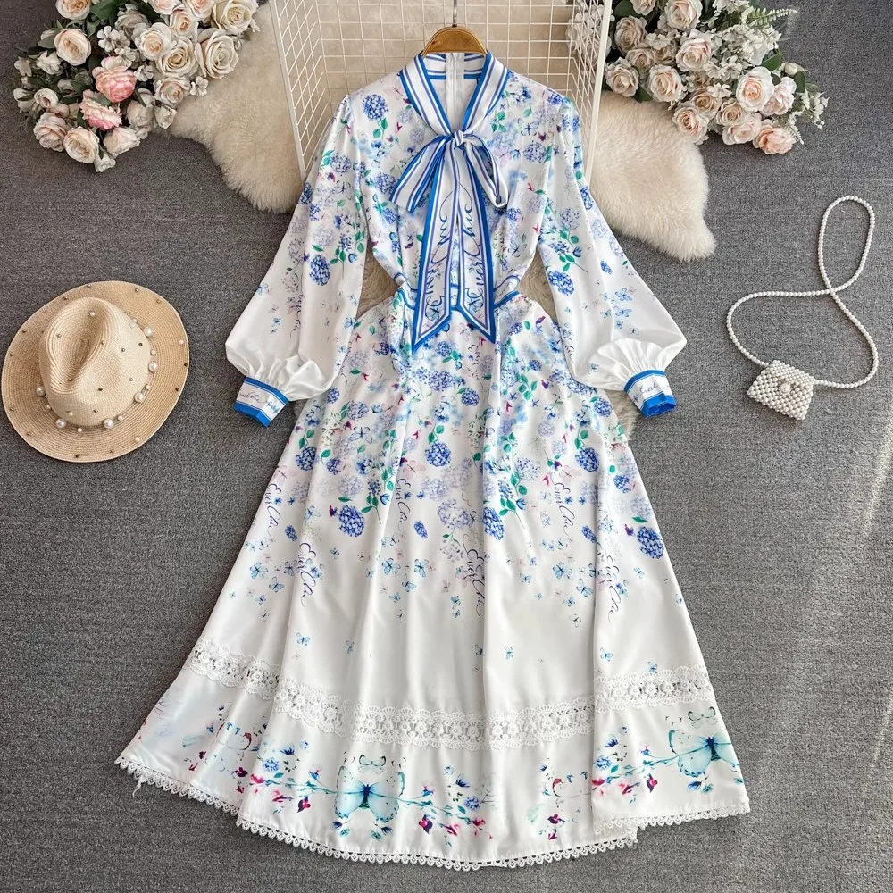 Fashion-Designer-Holiday-Flower-Midi-Dress-2024-Spring-Women-Bow-Neck ...