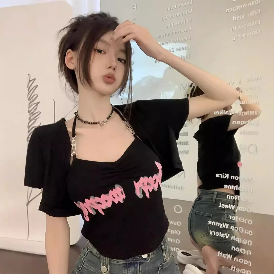 Sweet Spicy Girl Neck Hanging Strap Vest Women Summer Set Irregular ...