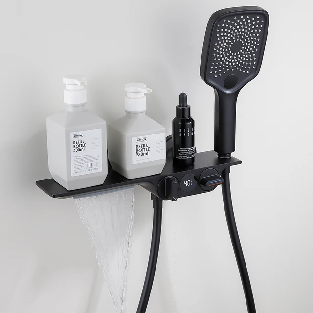 Wall mounted bathtub faucet shelf and temperature display