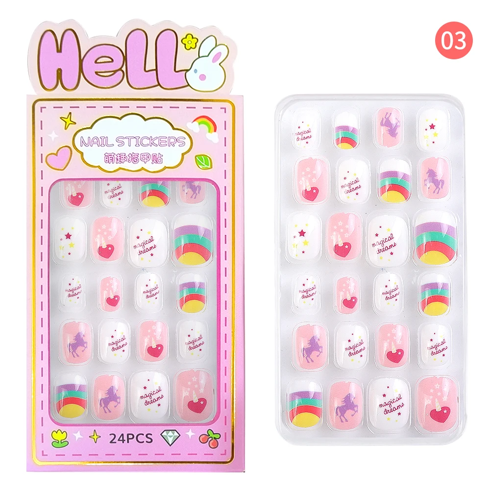 24PCS-Set-Candy-False-Nail-Tips-Children-Cartoon-Full-Cover-Kid-Glue ...