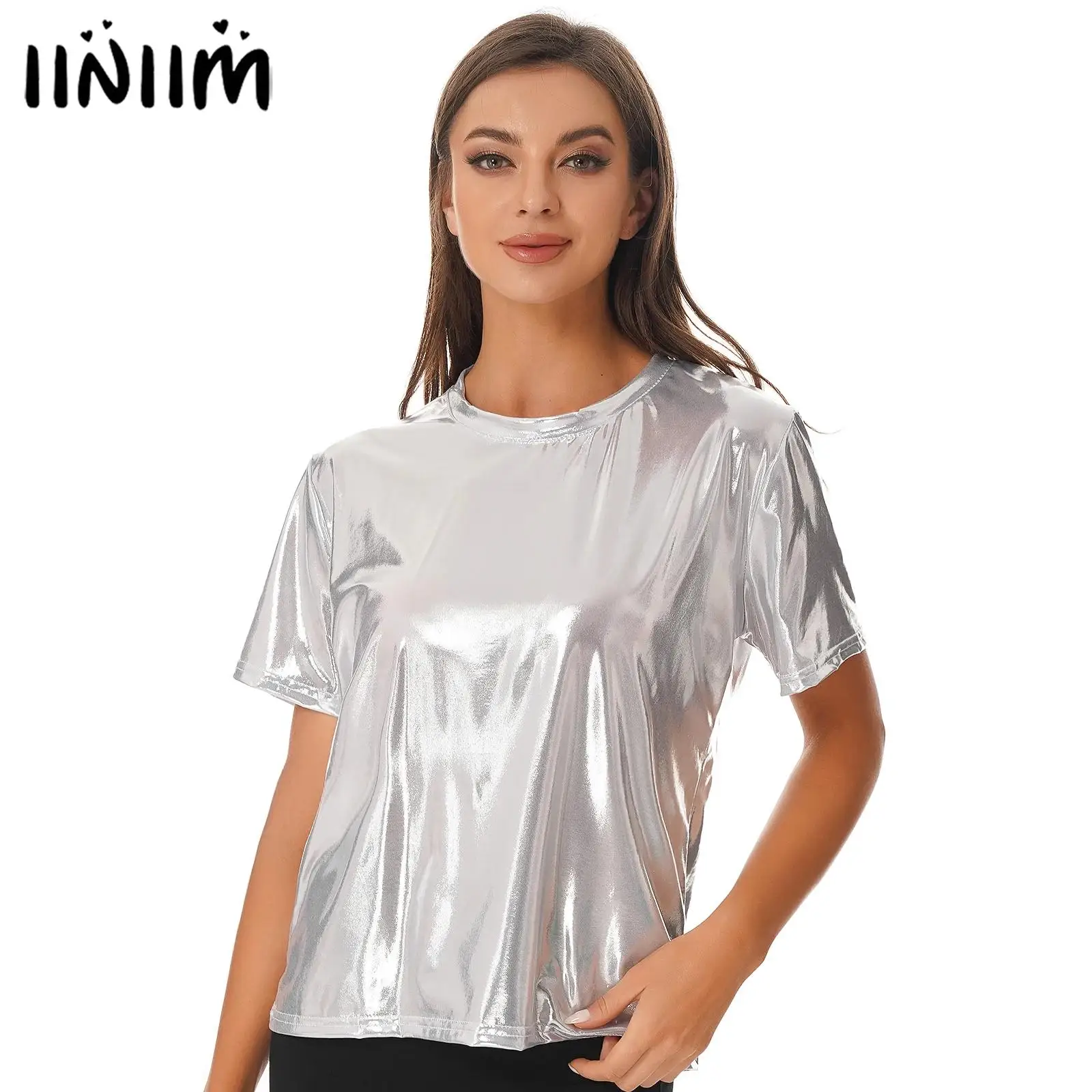 Womens-Shiny-Metal-Metallic-Glossy-Solid-Color-Tops-Short-Sleeve-T ...
