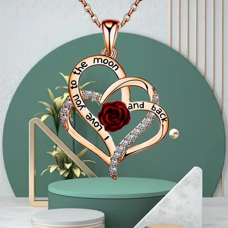 Fashion and Creative Double Heart Pendant Rose Women's Banquet Jewelry ...