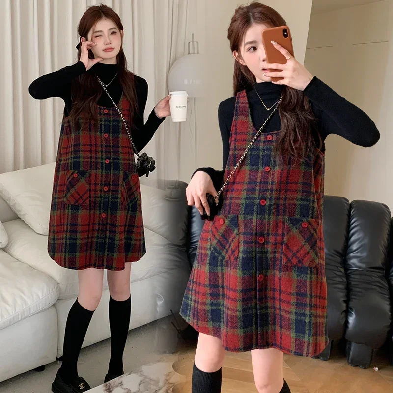 2025-maternity-clothes-set-short-pregnant-woman-woolen-plaid-sundress ...
