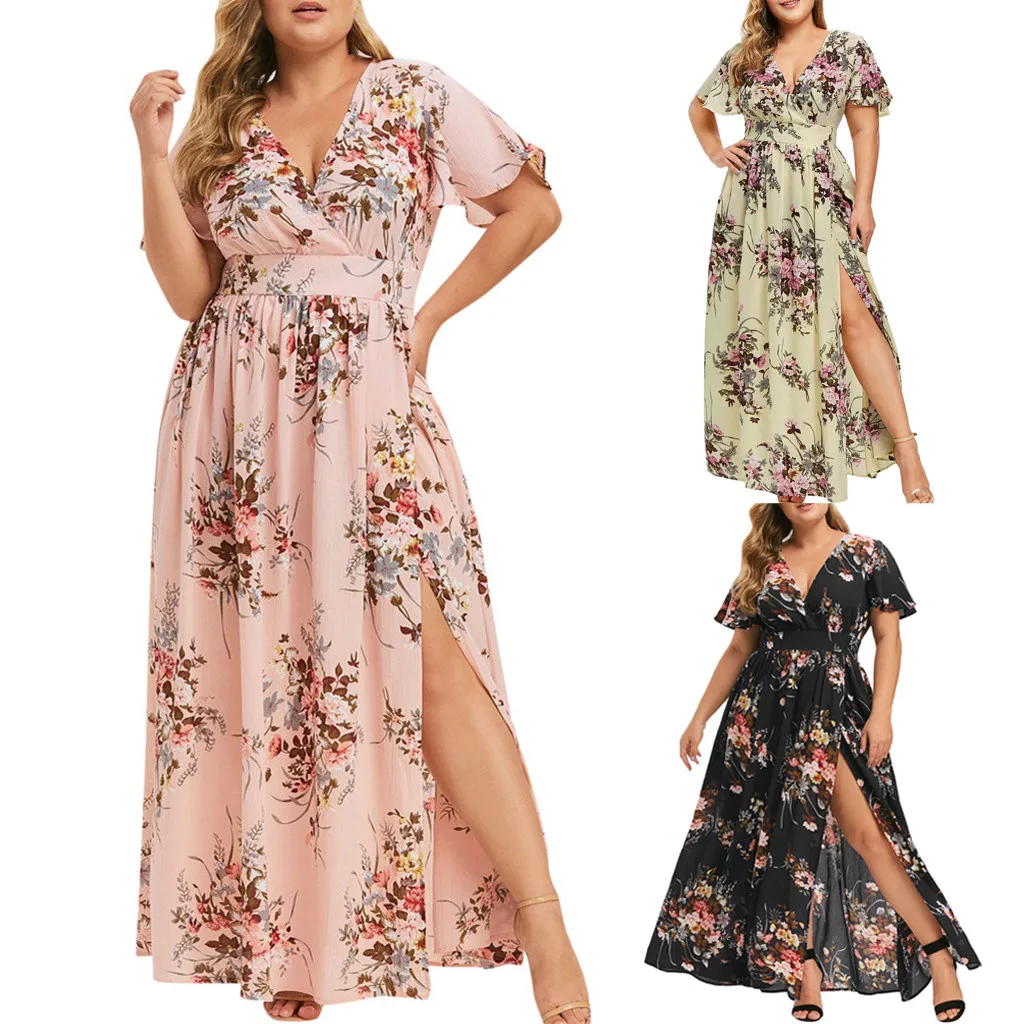 Women Floral Print Long Dress Summer Short Sleeve V Neck Boho Beach ...