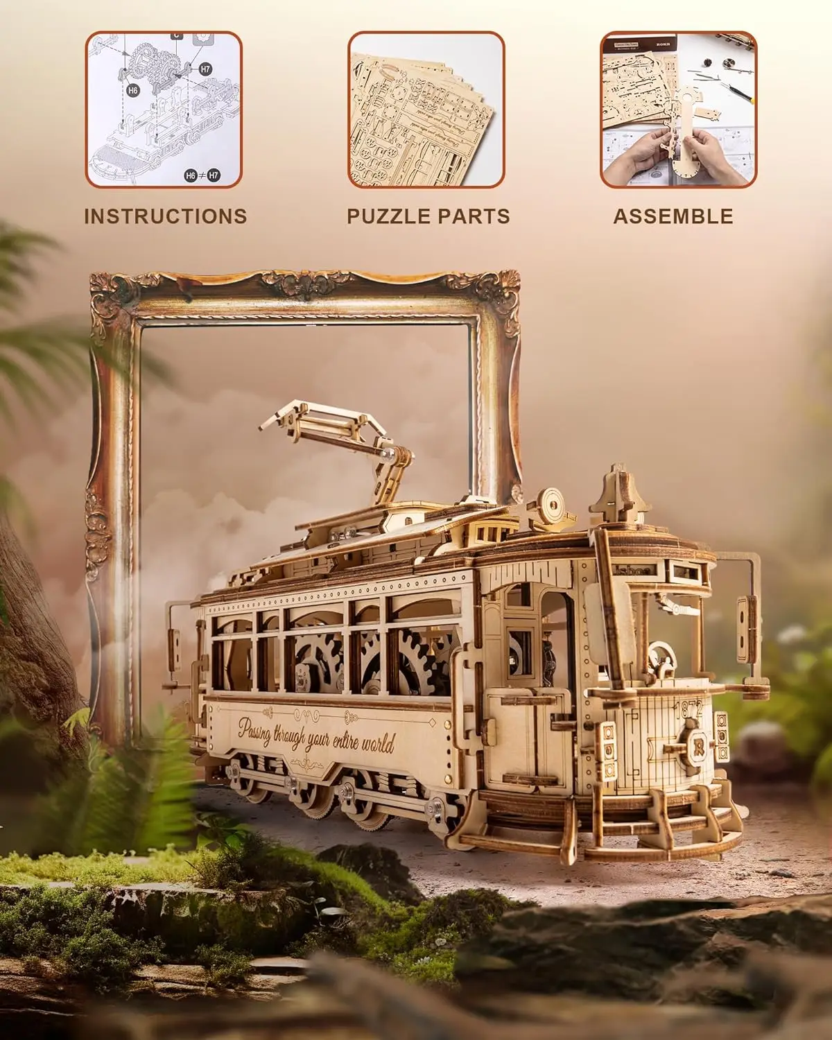 Robotime rokr Wooden Toy Tram Train Set 3D Wooden Puzzles Model Car ...