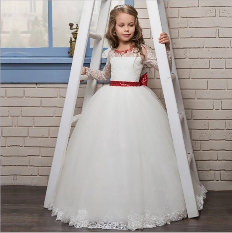 Flower-Girl-Dresses-Long-Sleeves-Fluffy-Bow-Kids-First-Communion-Red ...