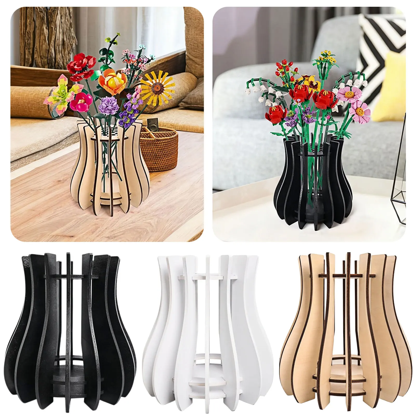 Wooden Puzzle Vase Kit DIY Interlocking Building Blocks Assemble Flower ...