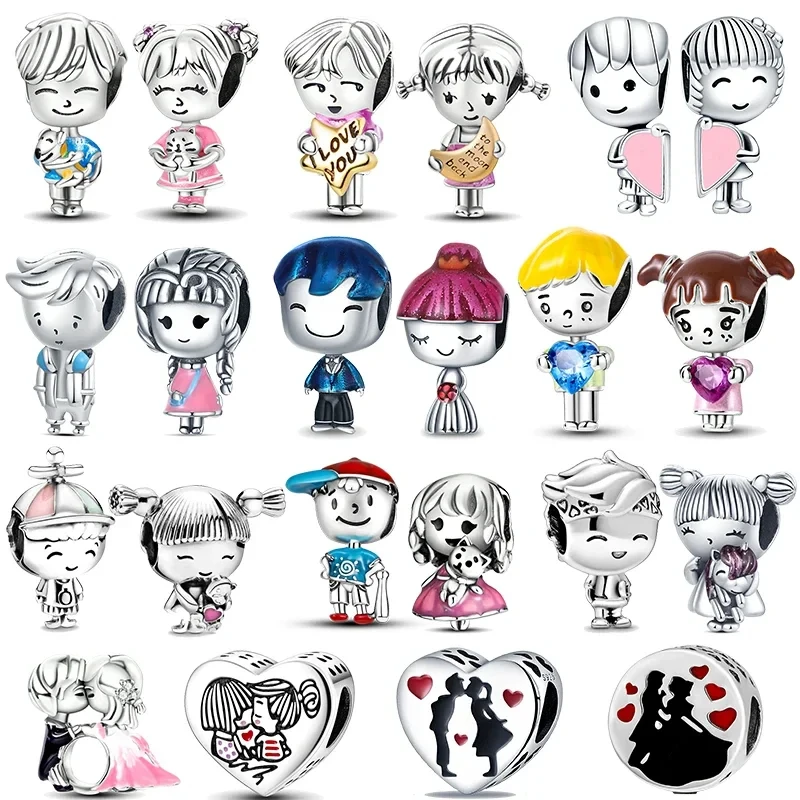 925-Sterling-Silver-Boy-Girl-Couple-Lovers-Beads-Charms-Zirconium ...
