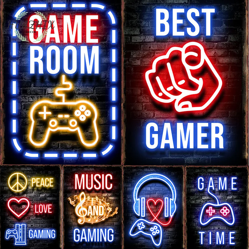 Game-Controller-Metal-Tin-Sign-Retro-Poster-Neon-Led-Home-Plaque ...