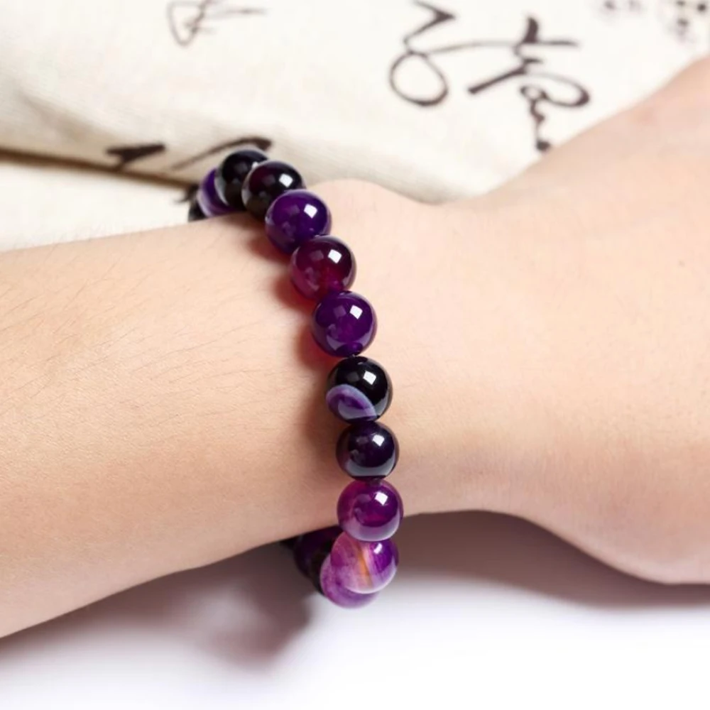 Purple-Striped-Agate-Beaded-Elastic-Cord-Bracelet-Energy-Healing-Bangle ...