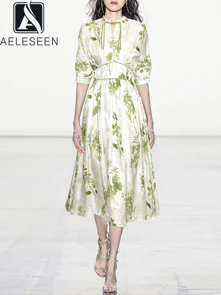 AELESEEN-Fashion-Designer-Summer-Dress-Women-Summer-Green-Flower-Print ...
