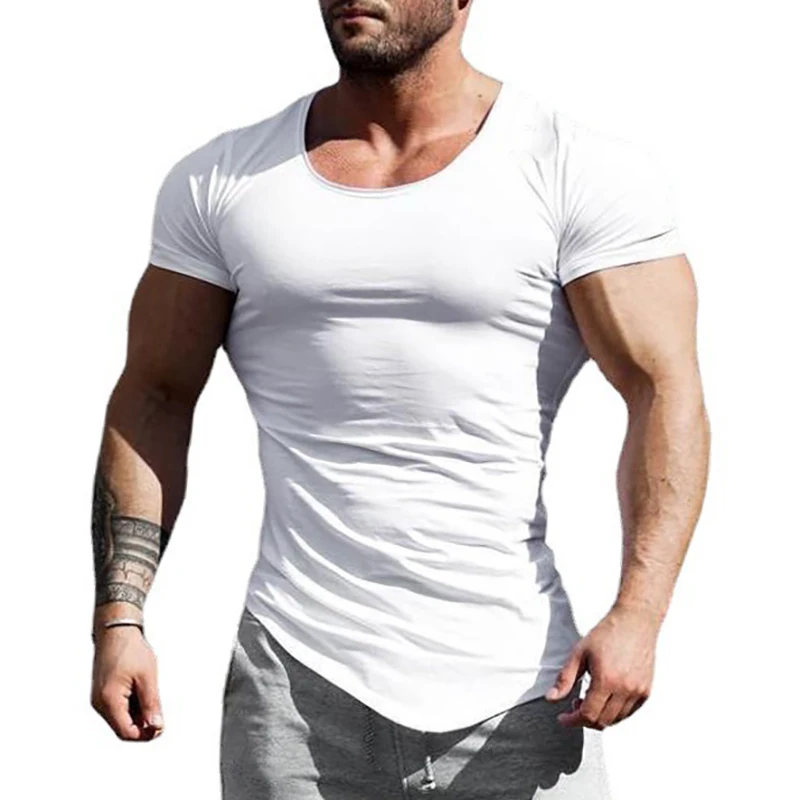 Summer Large Round Neck Cotton Short Sleeve T-shirt Mens Irregular Hem ...