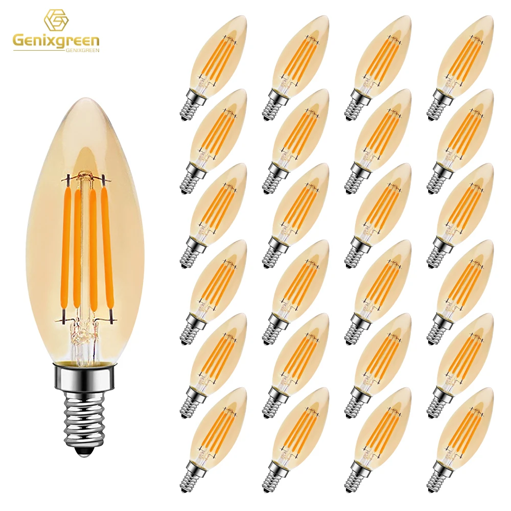 Genixgreen C35 Candle Led Bulb Dimmable Amber Glass 4W E12 E14 Base Warm White 2700K Retro 110V ...
