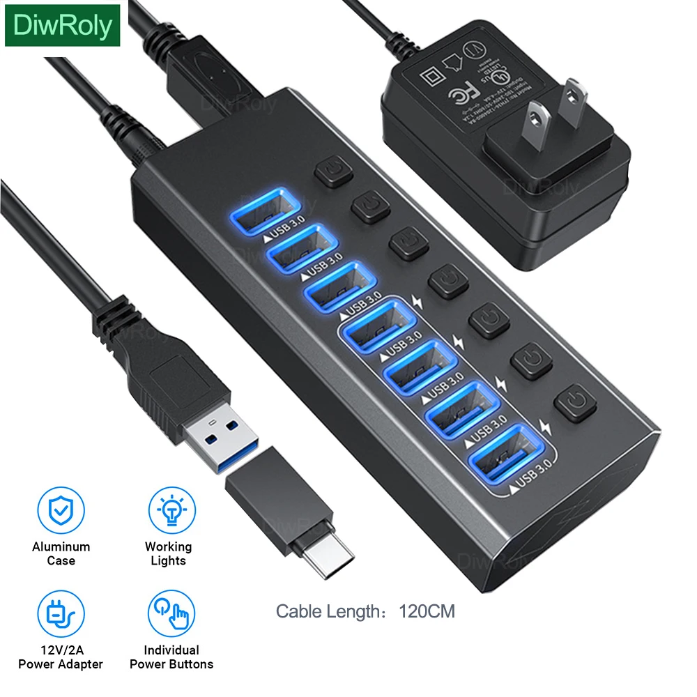 USB Hub 3.0 High Speed Multi USB Splitter 7 Port 3 Hab Power Adapter ...
