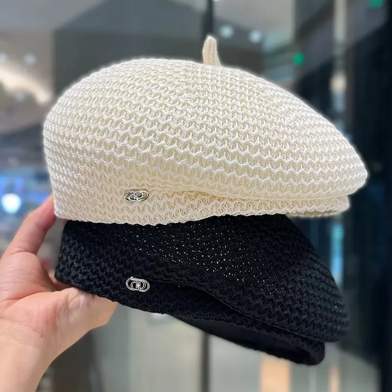 Women-Fixed-Pleated-Paper-Straw-Beret-Summer-Milk-Silk-Knit-Breathable ...