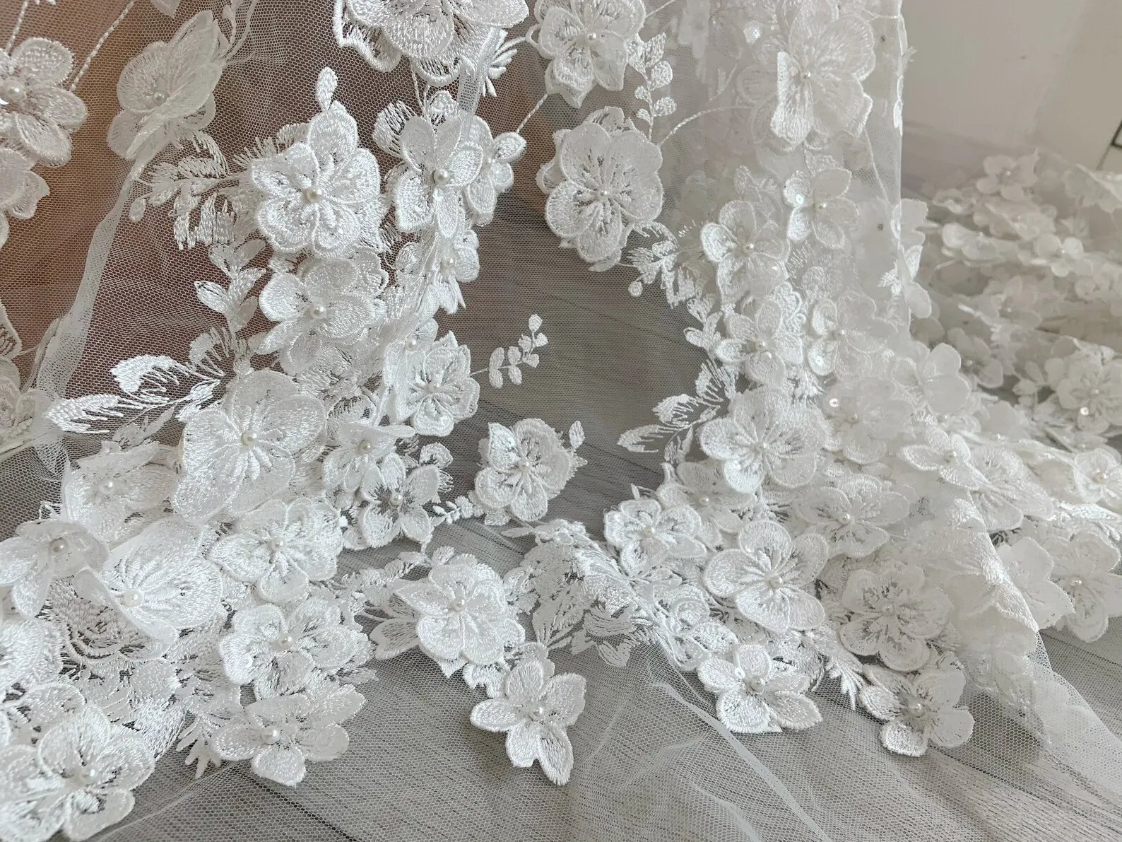 1 Yard Off White Mesh Embroidery Applique 3D Flower Tulle Nigerian Lace ...