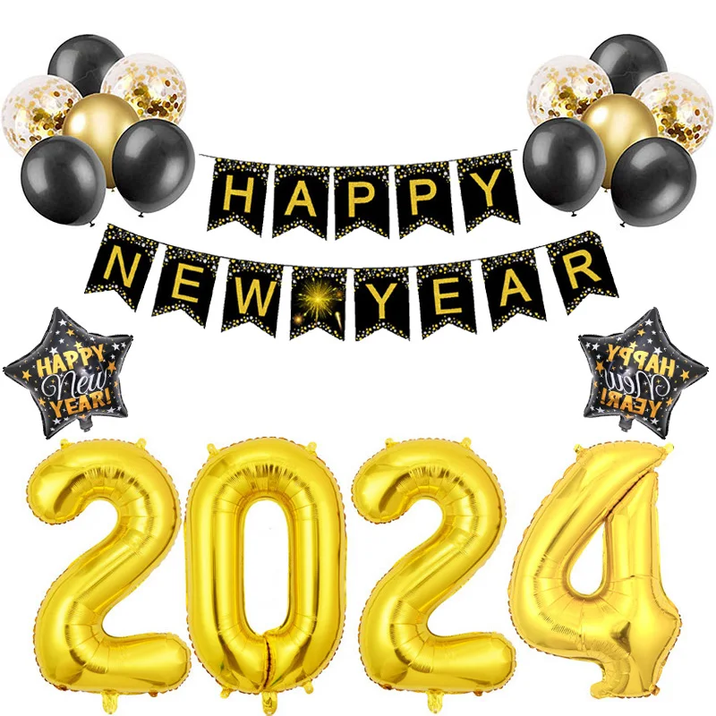 Black-Gold-2024-Number-Foil-Balloons-Happy-New-Year-Banner-Christmas ...