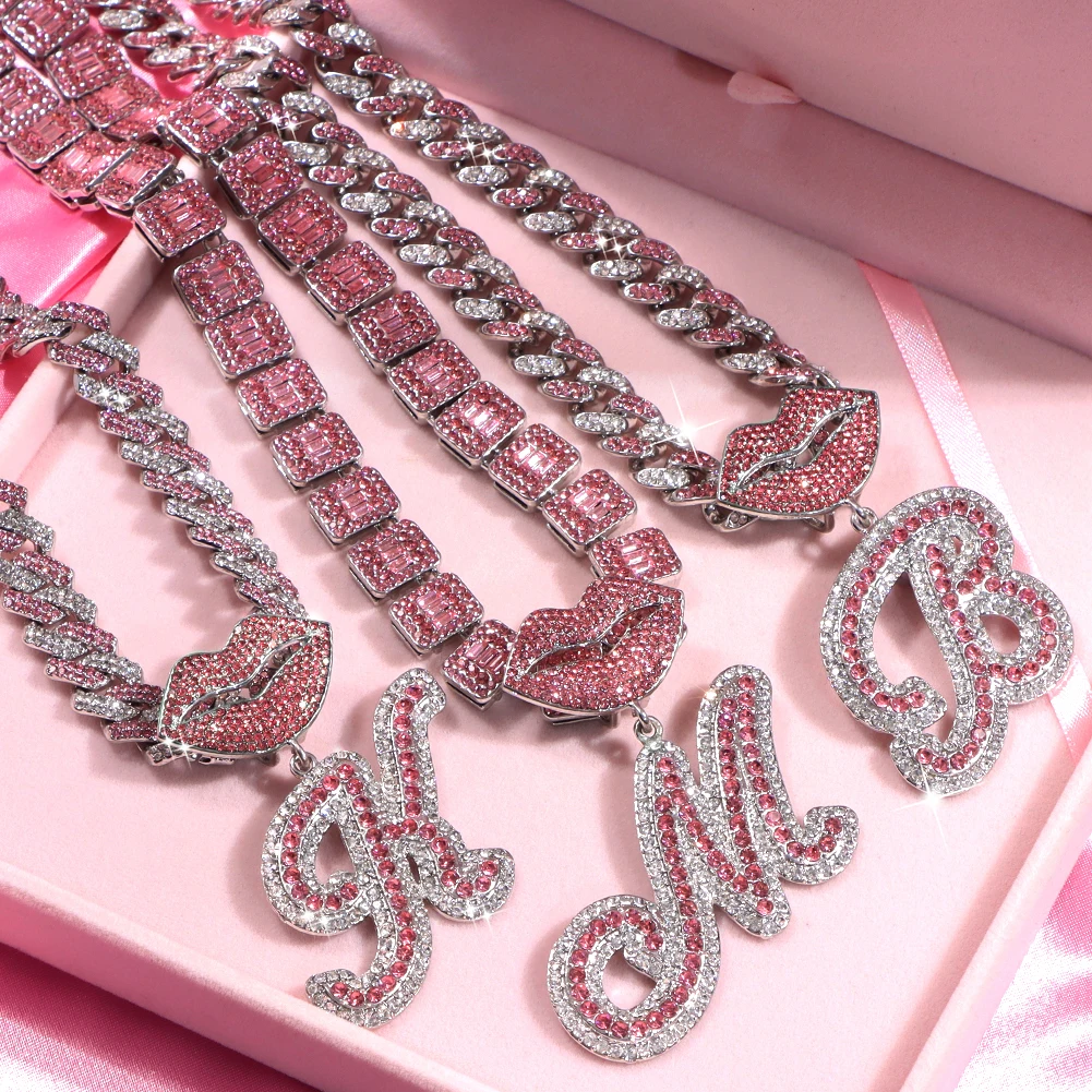 Iced Out Pink Prong Miami Cuban Link Chain Micro Paved Cursive Letter ...